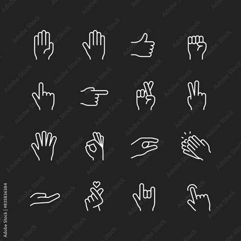 Hand Gestures Icon Set White Lines On Black Background Non Verbal Communication Using Hands