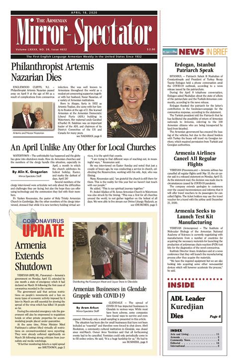 Mirror Spectator April 18 2020 The Armenian Mirror Spectator