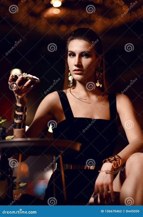 Beautiful Fashion Brunette Woman In Expensive Interior Restaurant Eat