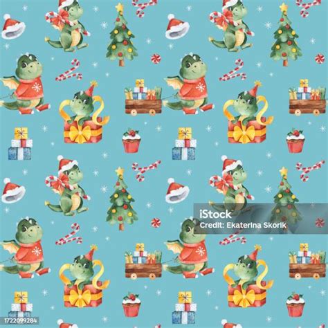 수채화 메리 크리스마스 완벽 한 배경 사탕 선물 상자 크리스마스 트리 별과 귀여운 드래곤 산타 클로스에 대한 스톡 벡터 아트 및