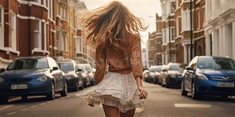 Woman Confidently Walking Down The Street With Short Skirt Flowing In