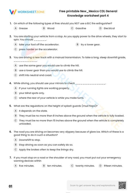 Free Printable New Mexico CDL General Knowledge Worksheet Part 4