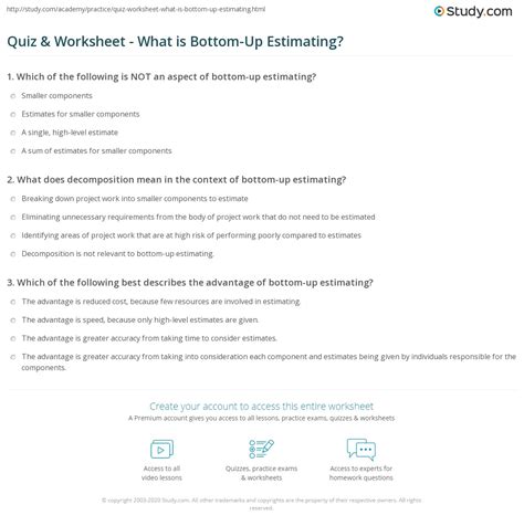 Quiz Worksheet What Is Bottom Up Estimating Study Com