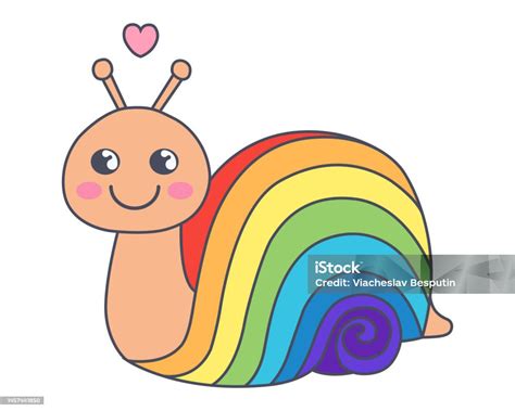 무지개 껍질을 가진 달팽이 캐릭터 윤곽선 획을 가진 귀여운 캐릭터 평면 벡터 그림입니다 0명에 대한 스톡 벡터 아트 및 기타
