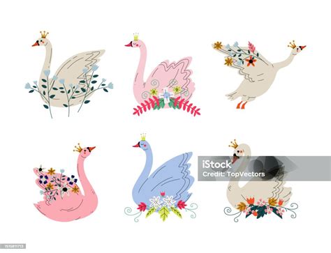 아름 다운 백조 공주가 설정되었습니다 흰색 분홍색 파란색 깃털 황금 왕관 꽃 만화 벡터 삽화를 가진 백조 백조에 대한 스톡 벡터