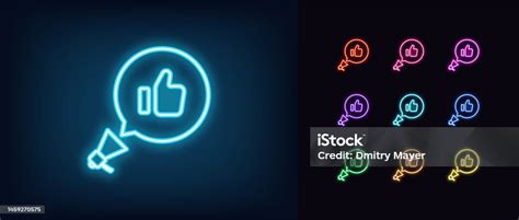 개요 네온 메가폰 아이콘 세트입니다 버블 메시지 프레임과 같은 기호가 있는 빛나는 네온 확성기 최고의 제안 픽토그램 엄지 손가락 승인 손 광고 발표 온라인 프로모션 고객