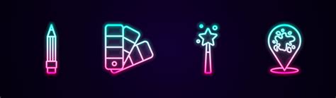 지우개가 있는 선 연필 색상 팔레트 가이드 마술 지팡이 및 페인트 스프레이를 설정합니다 빛나는 네온 아이콘입니다 벡터 교육에