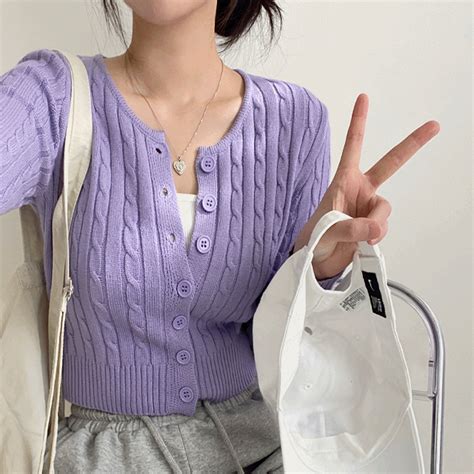 데이위드미 꾸안꾸 새내기룩 연보라 핑크 크롭 꽈배기 라운드 봄 가디건 위시버킷