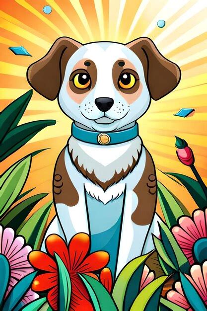 Personajes De Perros De Dibujos Animados Lindo Con Fondo De Flores Ai