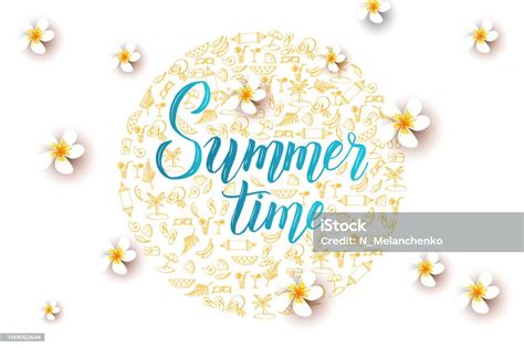 휴가 및 여행 아이콘이 있는 여름 배경 글자 따옴표여름 시간을 했다 열 대 꽃입니다 윤곽 여름 기호입니다 손으로 만든 낙서 아이콘 스케치 스타일 계절에 대한 스톡 벡터 아트