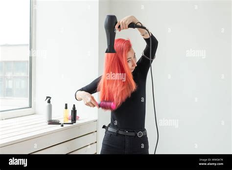 Hairdresser Style People Concept Woman Is Blowing Dry Her Colored
