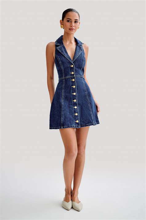Eugenie Collared Denim Mini Dress Dark Blue Meshki Uk