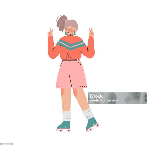 80년대 패션 스타일의 옷과 헤어스타일을 입은 행복한 십대 소녀가 승리의 표시를 하고 있다 복고풍 스타일의 패션 의상 만화 벡터