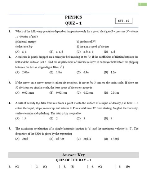 Set 10 Quiz 1 Physics Quiz Vidyapeeth Gulhan Jha Sir And Mr Sir Kazim Pdf