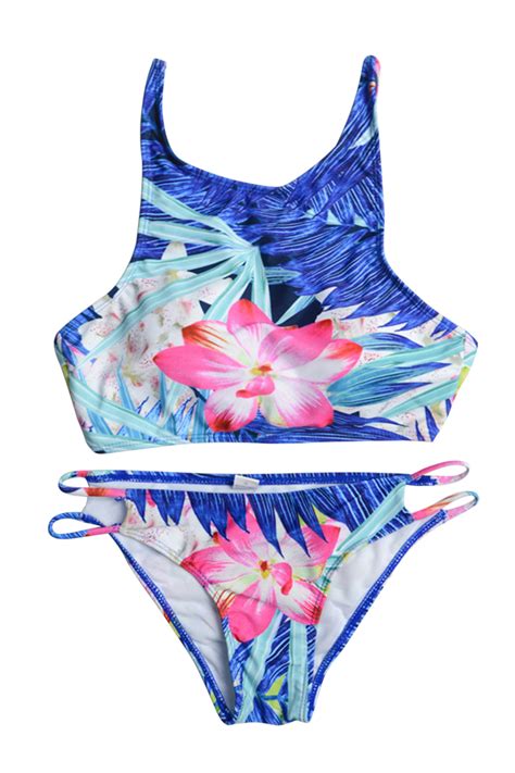 Iyasson Floral Printing Trendy Sport Style High Neck Bikini Top With D