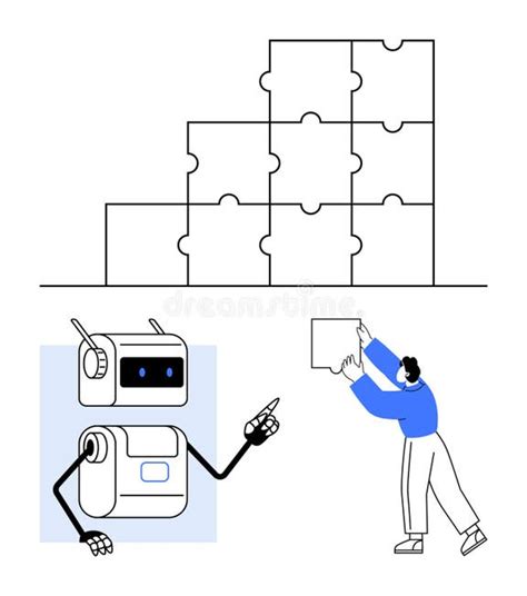 Human And Robot Collaborating To Solve Puzzle Emphasizing Innovation And Teamwork Stock Vector