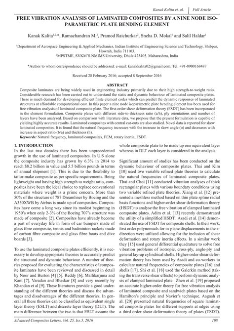 Pdf Free Vibration Analysis Of Laminated Composites By A Nine Node Isoparametric Plate Bending