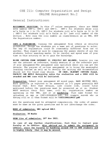 Cse 211 Computer Organization And Design Online Assignment No2