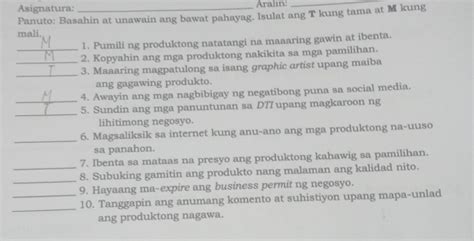 Solved Asignatura Aralin Panuto Basahin At Unawain Ang Bawat