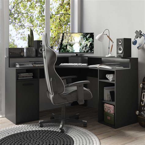 Eck Computertisch In Weiß Mit Anthrazit Mit Bildschirm Aufsatz Leoyaro