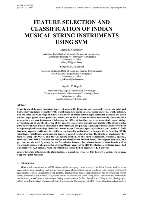 Pdf Feature Selection And Classification Of Indian Musical String