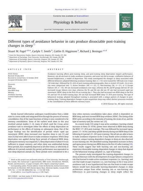 Pdf Different Types Of Avoidance Behavior In Rats Produce Dissociable