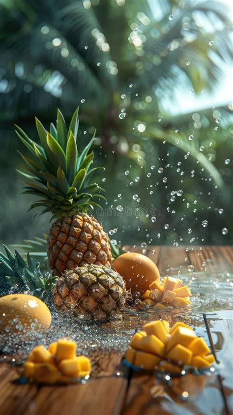 Summer Fruits Like Pineapple And Mango In A Tropical Setting Stock