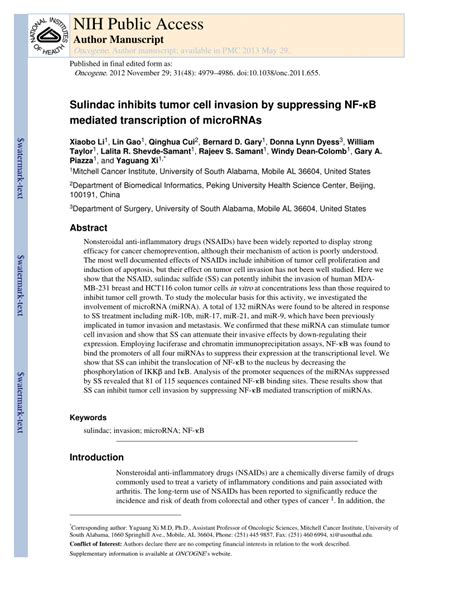 PDF Sulindac Inhibits Tumor Cell Invasion By Suppressing NF B