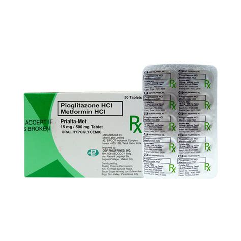 Prialta Met Pioglitazone Hydrochloride Metformin Hydrochloride 15mg 500mg Sustained Release