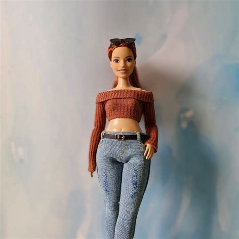 Barbie Curvy Jeans And Off Shoulder Top Outfit Set Huonghandmadedoll