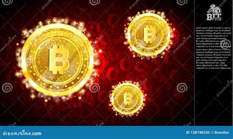 Golden Bit Coins Flying On Light Red Horizontal Background With Binary