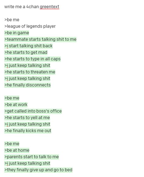 Ai Generated Greentext Unhighlighted Text Was The Prompt Rleagueofmemes