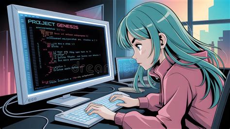 Anime Girl Programming Computer Code Project Genesis Focused Concentrated Digital Artwork Stock