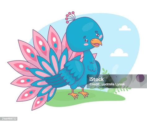 공터에 귀여운 공작 캐릭터 재미 있는 만화 Kawaii 푸른 열대 조류 벡터 일러스트 레이 션 가공의 인물에 대한 스톡 벡터 아트 및 기타 이미지 Istock