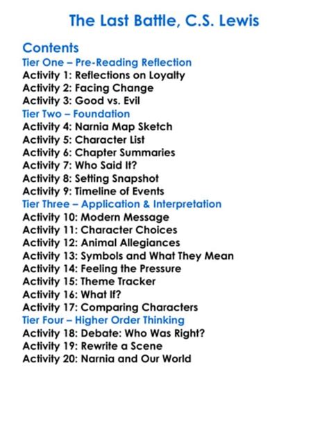 The Last Battle Cs Lewis 20 Differentiated Book Activities By