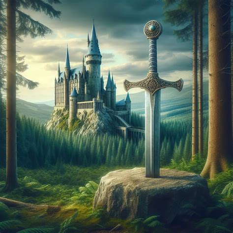 Excalibur A Espada Mítica No Castelo De Pedra De Camelot No Fundo