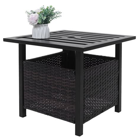 Patio Side Table With Umbrella Hole Outdoor Pe Wicker Side Table