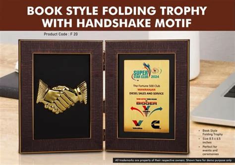 Wooden C4w F20 Book Style Folding Trophy With Handshake Motif 5 10