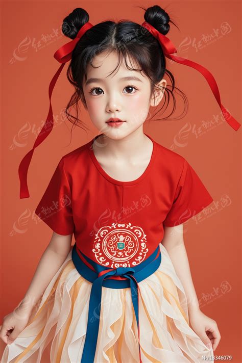 穿红色服装绑着哪吒头的小女孩素材图ai图下载 红动中国