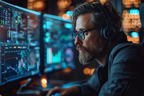 Premium Photo Man Working At Multiple Computer Screens With Data