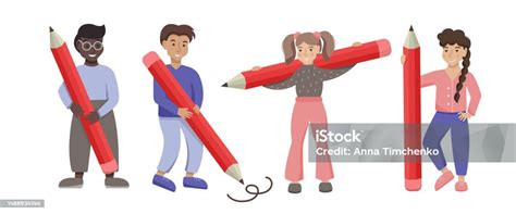 큰 연필을 들고 서 있는 바쁜 캐릭터 학생들의 벡터 플랫 만화 세트 교육과 학교 개념으로 돌아갑니다 학습 쓰기 계획 효과적인