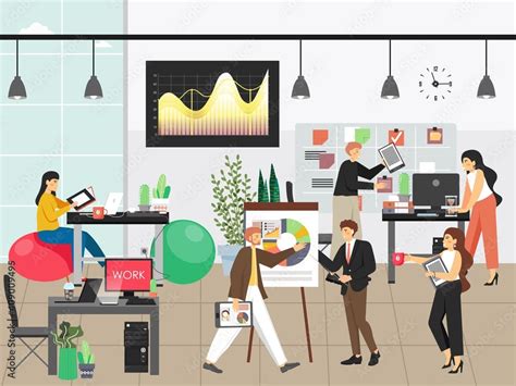 People Work In Office Vector Illustration Team Of Employees Work In