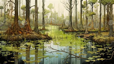 Cypress Swamp Hyper Detailed Illustration By Frank Taylor Stock