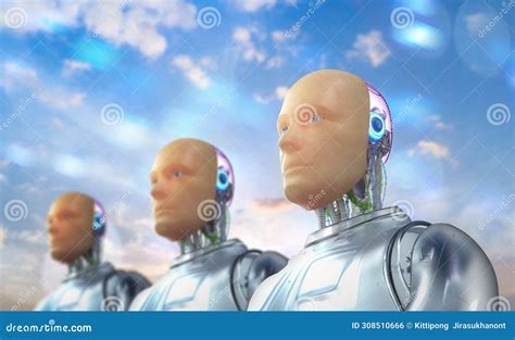 Group Of Artificial Skin Or Human Like Skin Robots In A Row Stock