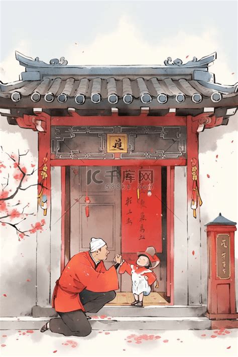 古典新年手绘大红门插画图片 千库网