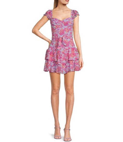 Midnight Doll Ruffle Short Sleeve Tiered Skirt Printed Chiffon Dress