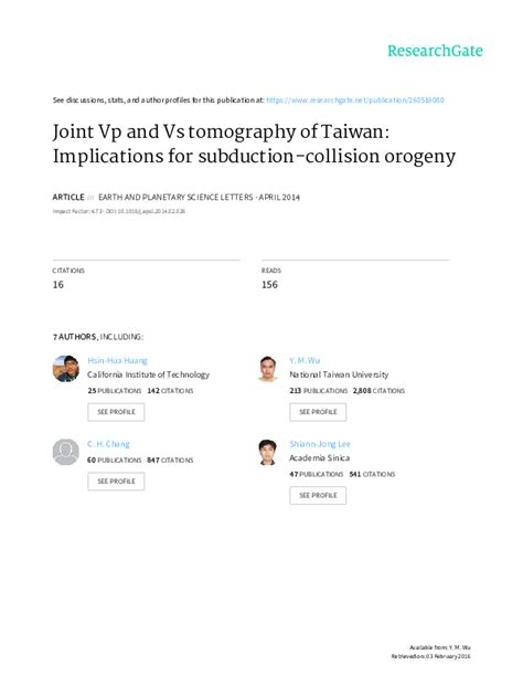 Pdf Joint Vp And Vs Tomography Of Taiwan Implications For Subduction