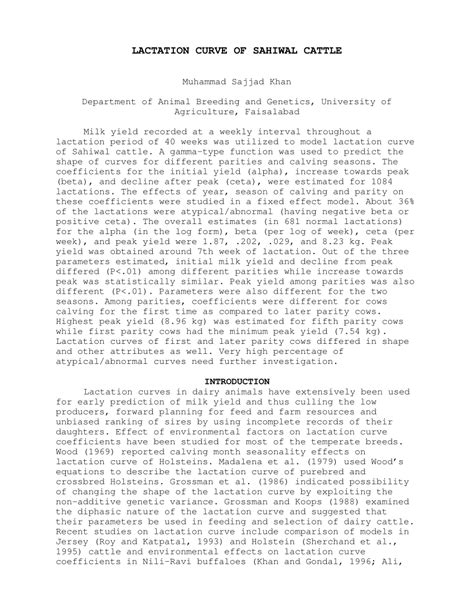 Pdf Lactation Curve Of Sahiwal Cattle