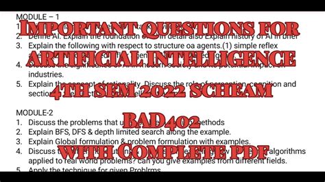 Artificial Intelligence Important Questions For Vtu Exam 2022 Scheam 4th Semester Part 1 Youtube