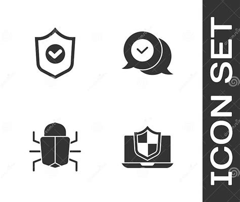Set Laptop Protected With Shield Shield Check Mark System Bug And Check In Speech Bubble Icon
